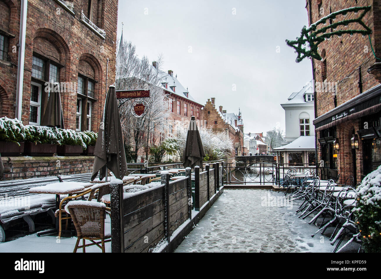 typical street of brugge, snow, snowing day, bruge, flanders, belgium ...