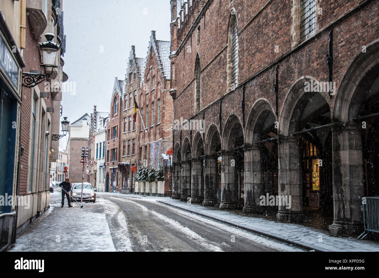 typical street of brugge, snow, snowing day, bruge, flanders, belgium ...