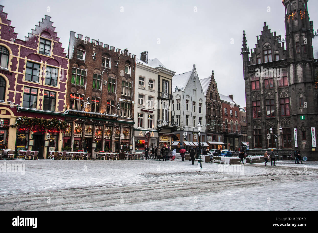 typical street of brugge, snow, snowing day, bruge, flanders, belgium ...