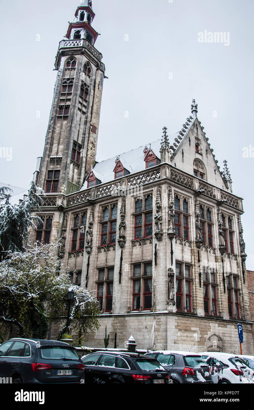 typical street of brugge, snow, snowing day, bruge, flanders, belgium ...