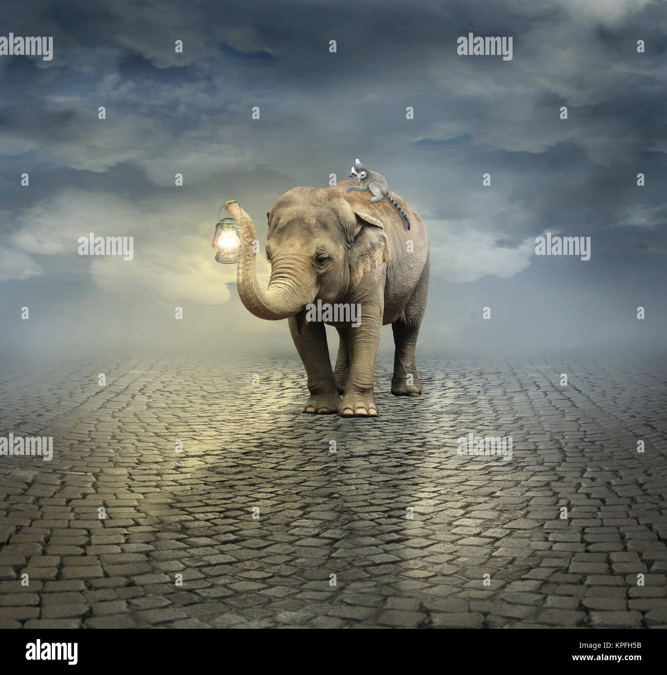 Surreal artistic illustration with an elephant carrying a lemur on its ...