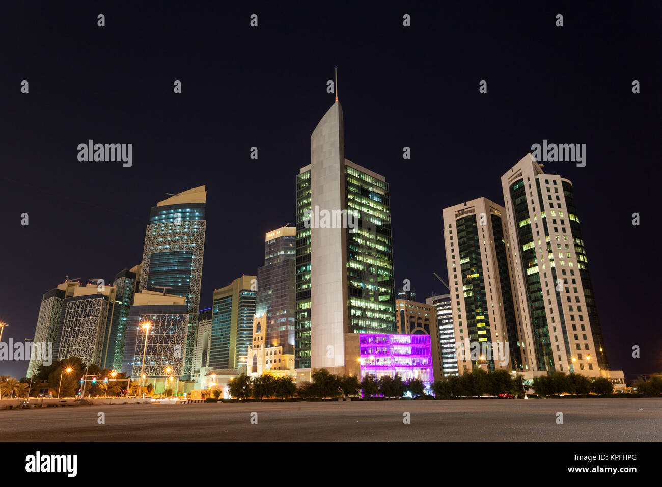 Doha West Bay downtown illuminated at night. Qatar, Middle East Stock ...