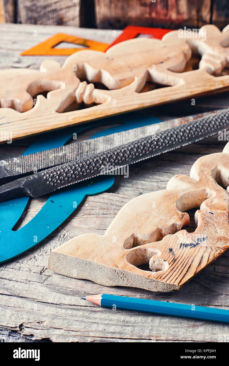 Manually sawn figured wood products and files for wood processing Stock ...