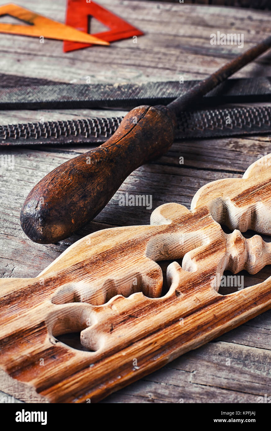 Manually sawn figured wood products and files for wood processing Stock ...