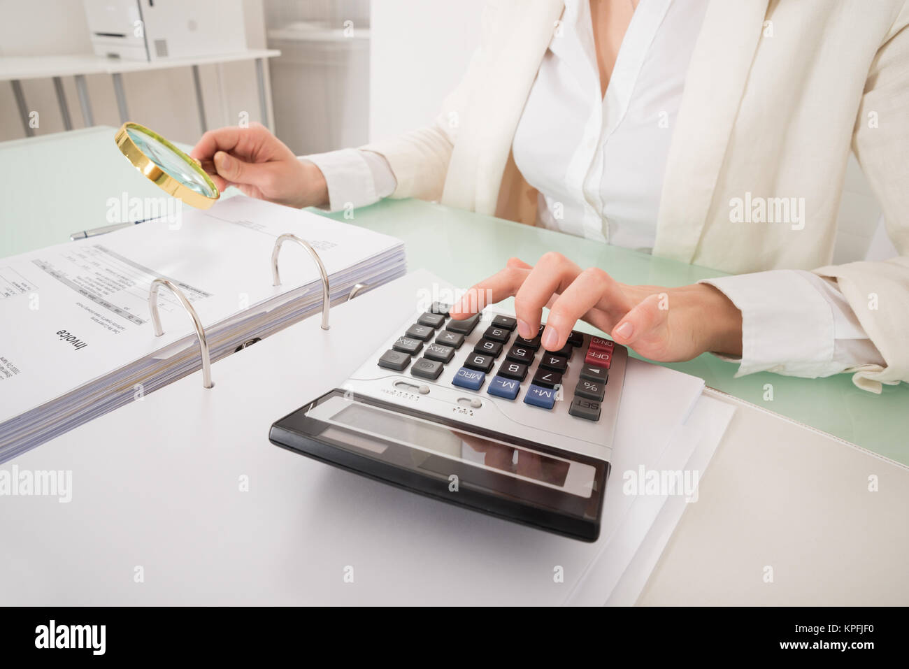 Close-up Of Businesswoman Checking Bill With Magnifying Glass Stock ...