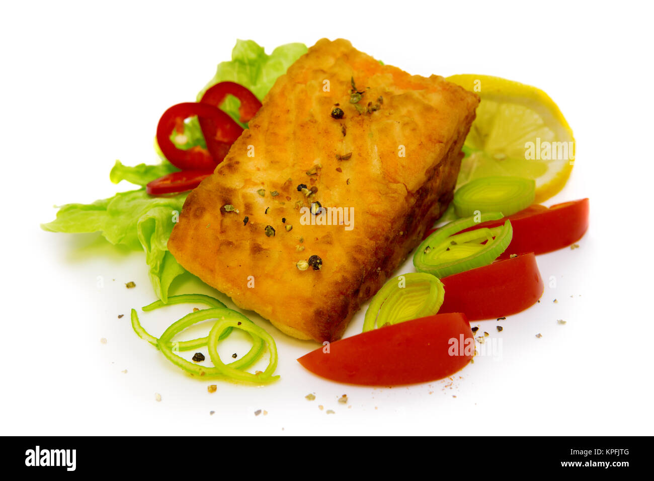 Fried salmon fillet isolated on a white background.Roasted salmon ...