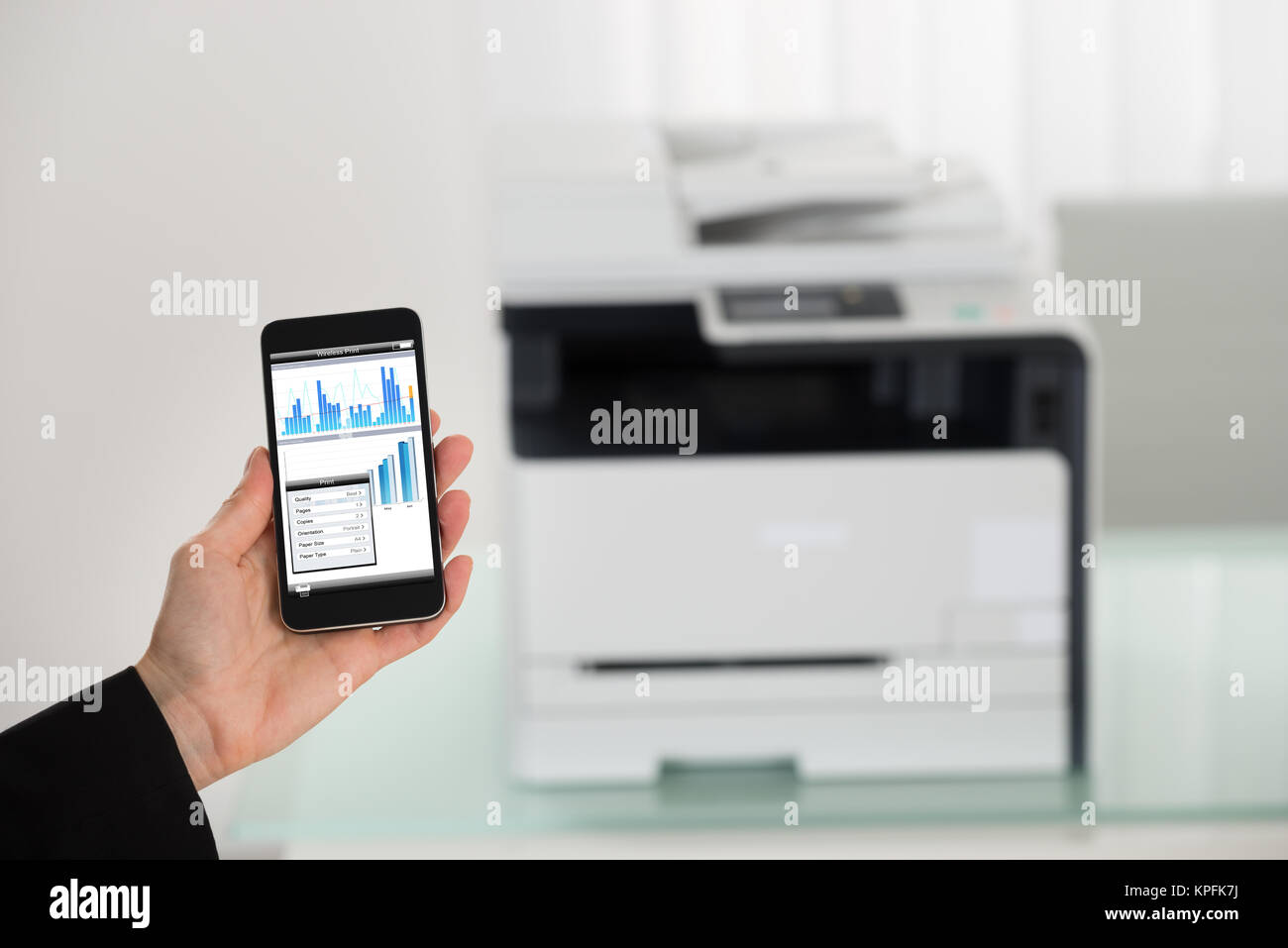 Businesswoman Hand Giving Print Command On Smart Phone Stock Photo - Alamy