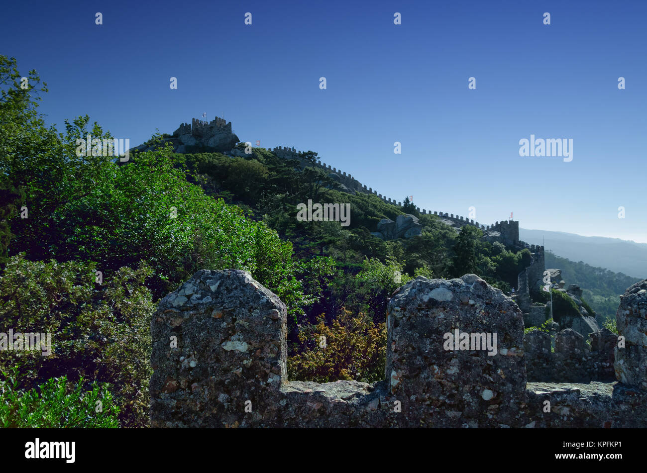 View on walls and towers of Medieval Moors Castle, as seen from ...