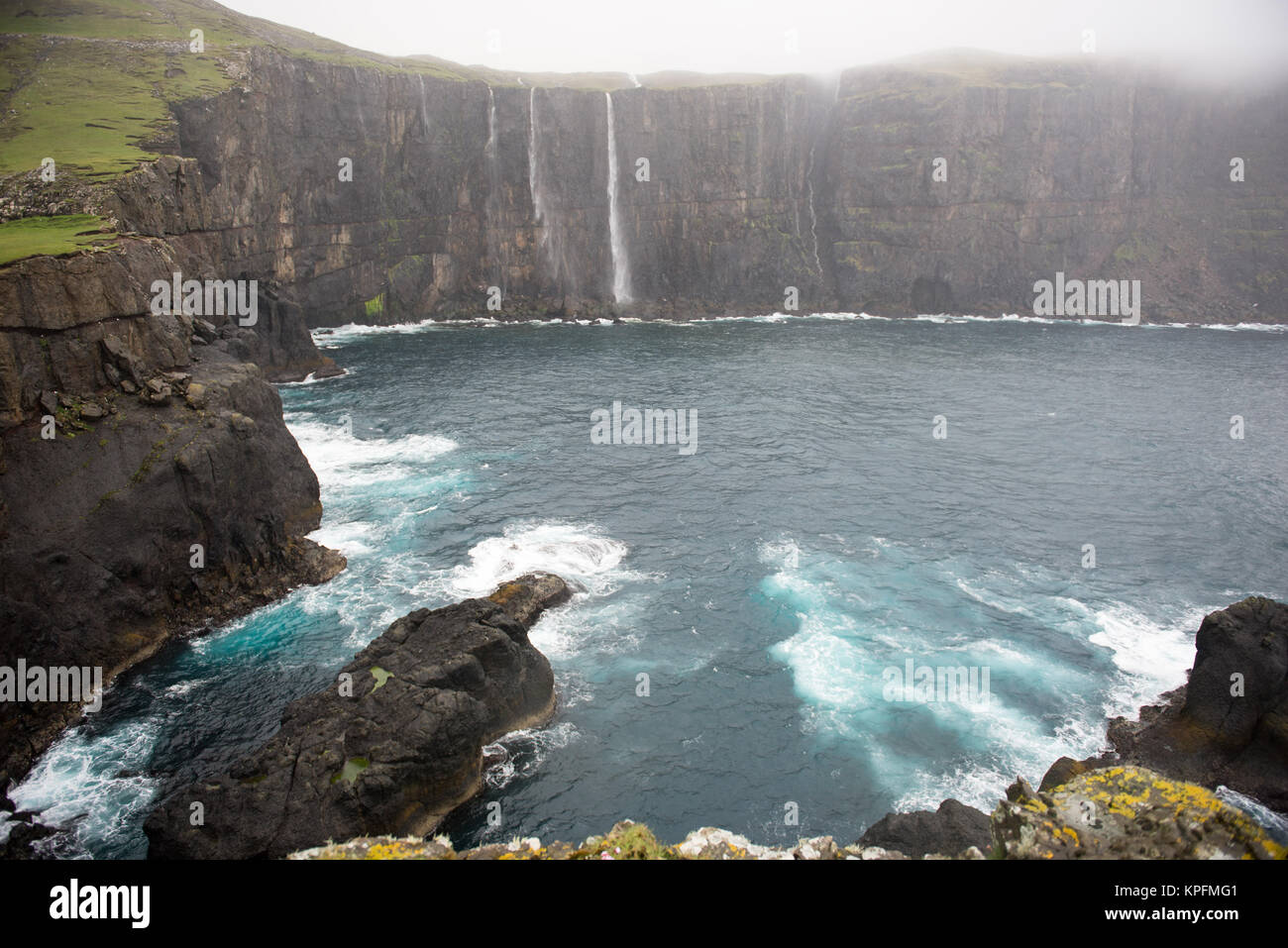 Typical landscape on the Faroe Islands, with cliffs and water fall ...