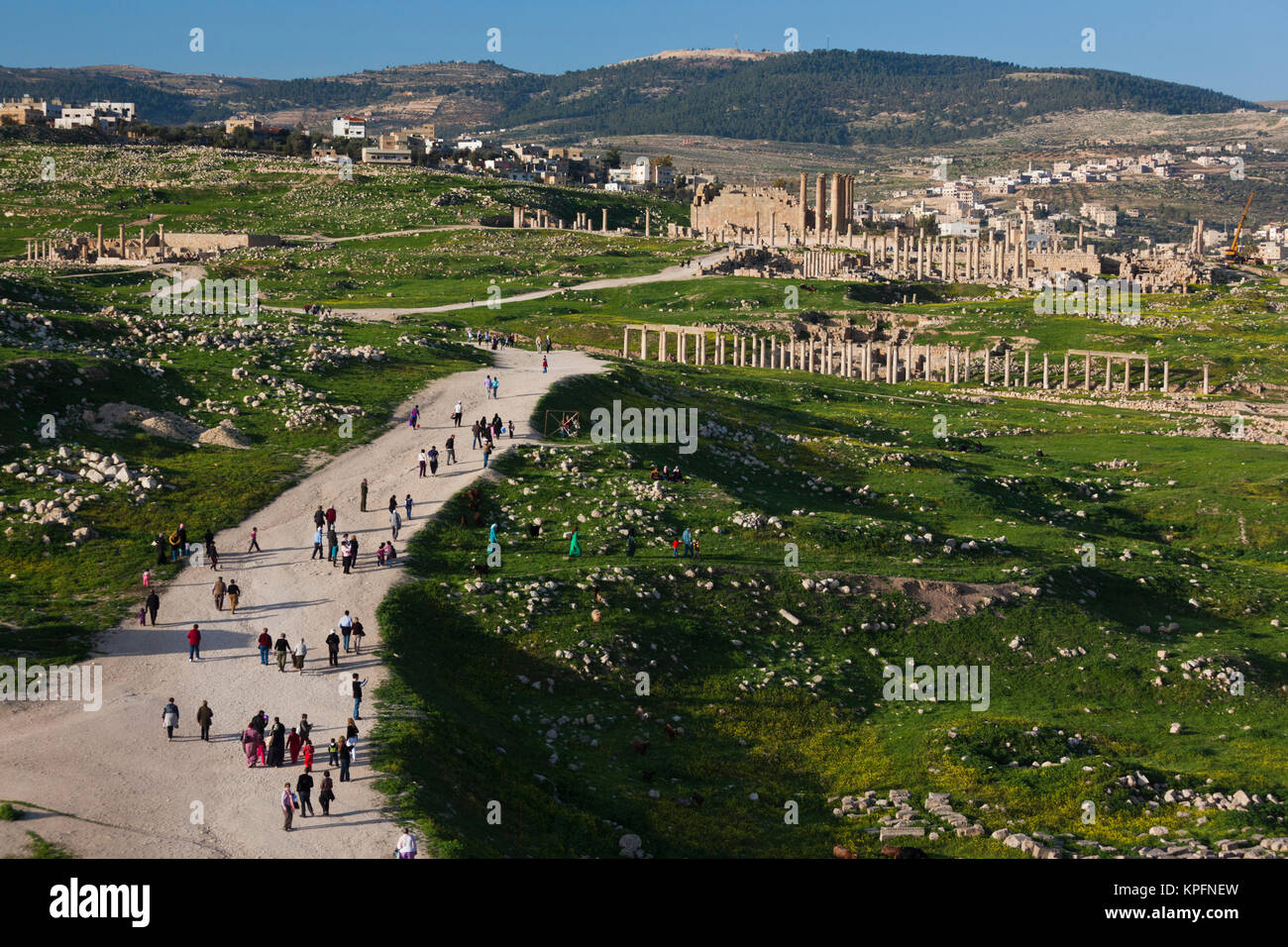 Jordan, Jerash, Roman-era city ruins, overview, late afternoon Stock ...