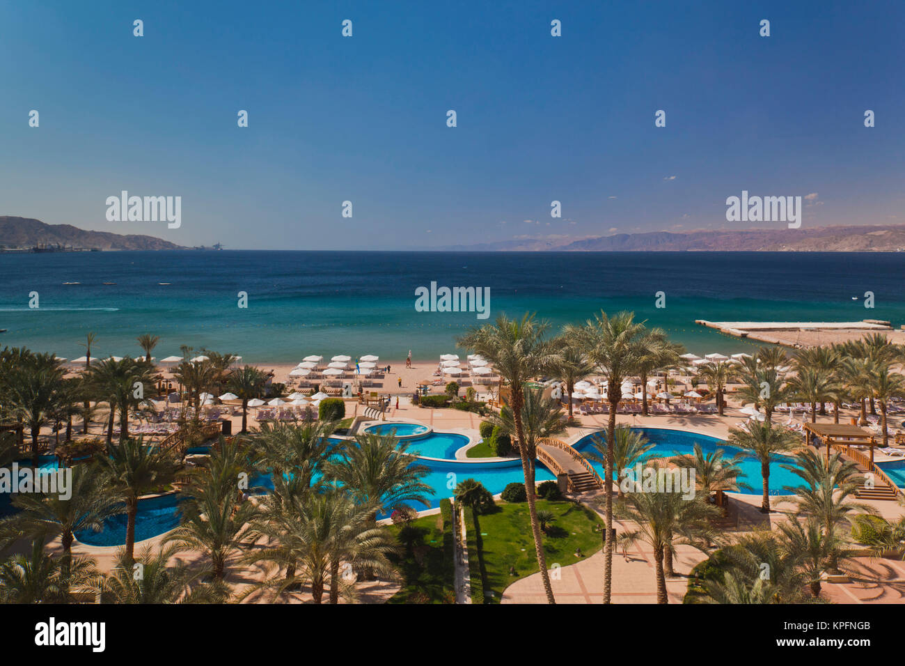 Jordan, Aqaba, elevated view of Red Sea and beach Stock Photo - Alamy