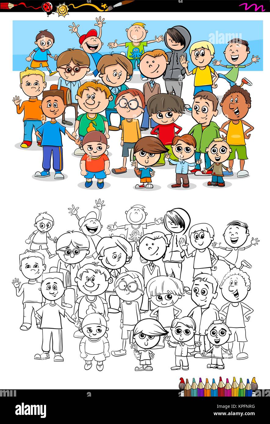 Cartoon Illustration of Boys Children Characters Group Coloring Book ...
