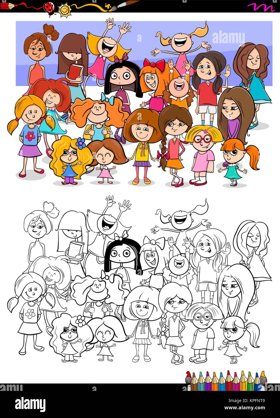 Cartoon Illustration of Girls Children Characters Group Coloring Book ...