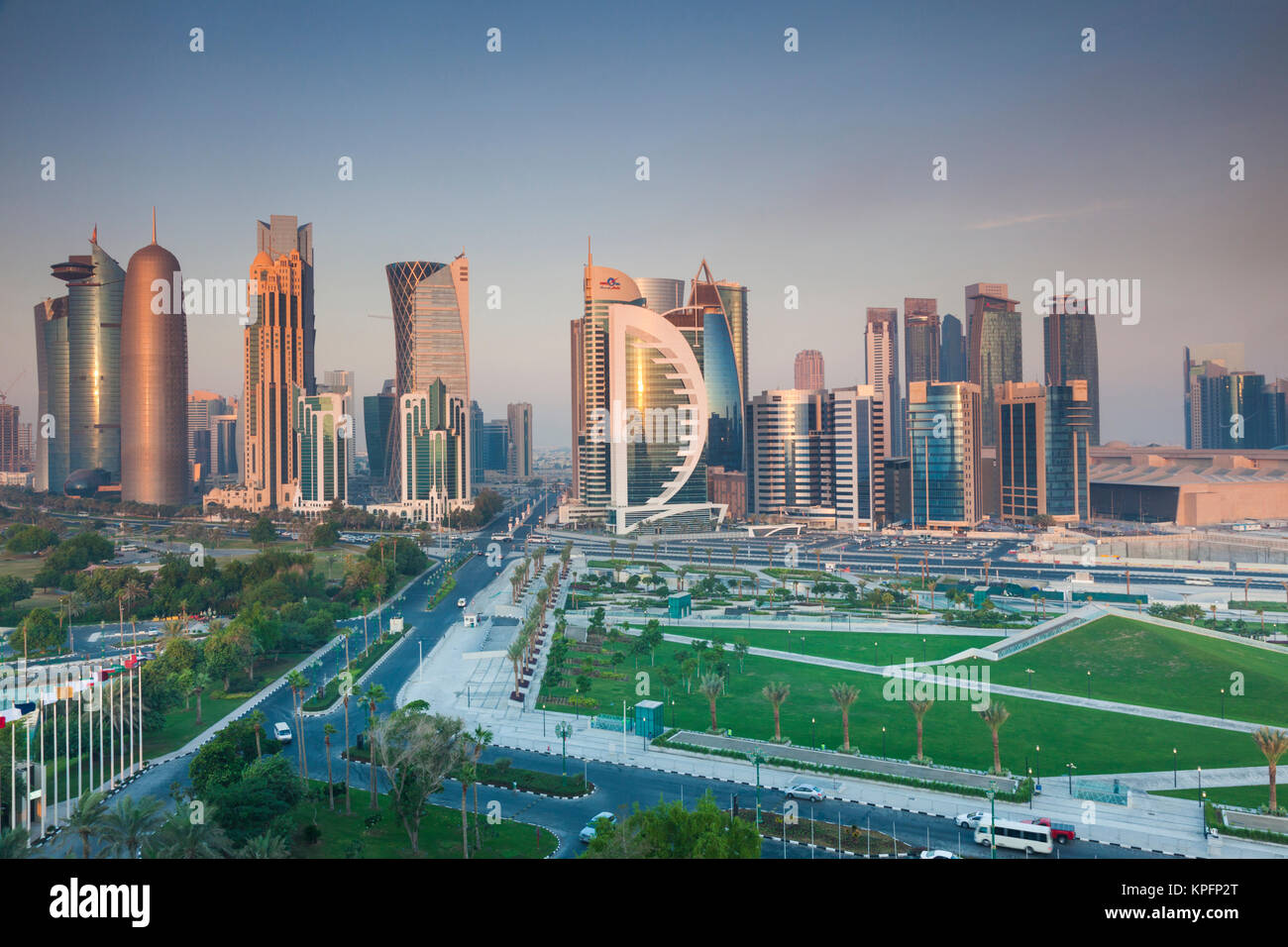 Qatar, Doha, Doha Bay, West Bay Skyscrapers, elevated view, dawn Stock ...