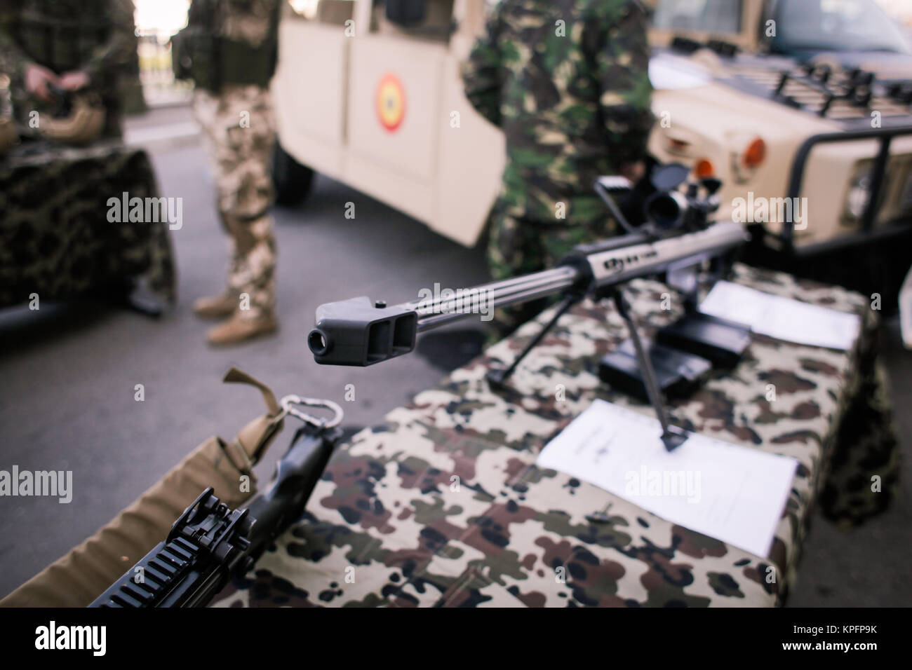 Army sniper rifle with romanian soldiers on the background Stock Photo ...