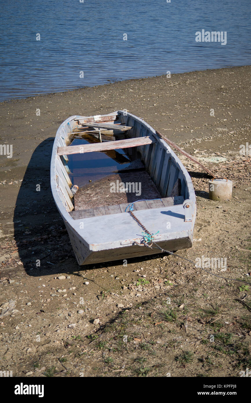 Old grey boat stranded on the lake shore Stock Photo - Alamy