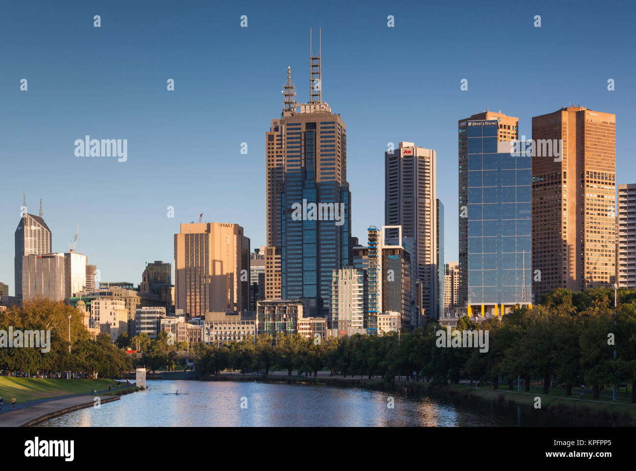 Australia, Victoria, Melbourne, skyline along Yarra River, morning ...