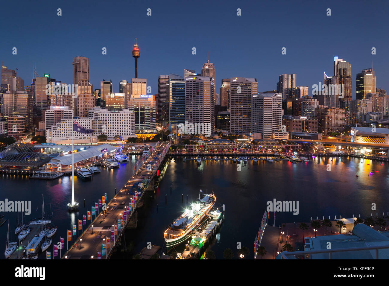 Australia, Sydney, Darling Harbor, and Pyrmont Bridge, elevated view ...