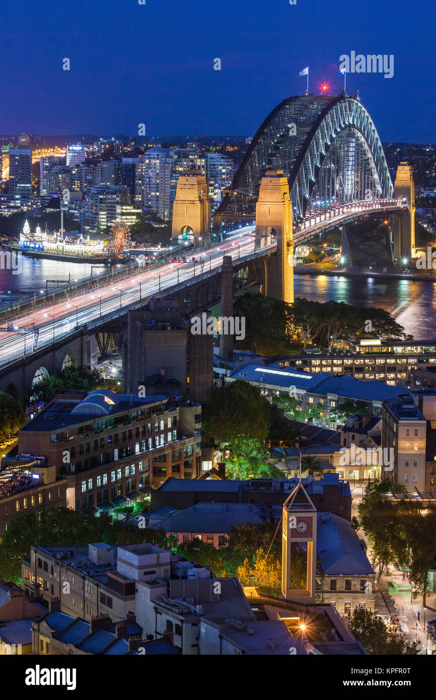 Australia, Sydney, The Rocks area, Sydney Harbor Bridge, elevated view ...