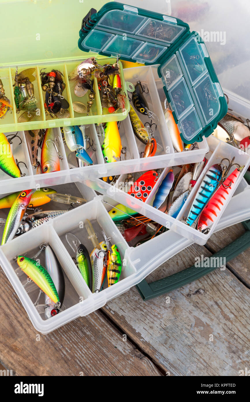 fishing lures and baits in boxes Stock Photo - Alamy