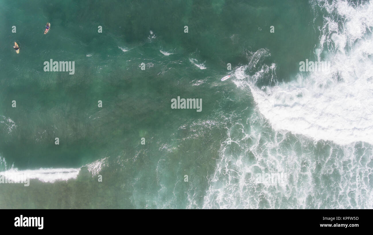 Aerial view of Surfer swimming on board near huge blue ocean wave Stock ...