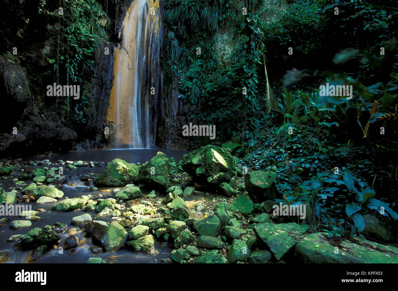 Caribbean, St. Lucia, Soufriere. Diamond Botanical Gardens, waterfall ...
