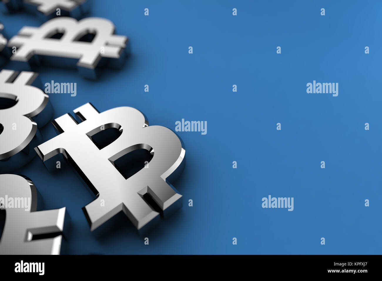 Bitcoin 3d illustration concept with silver Bitcoin symbols over blue ...