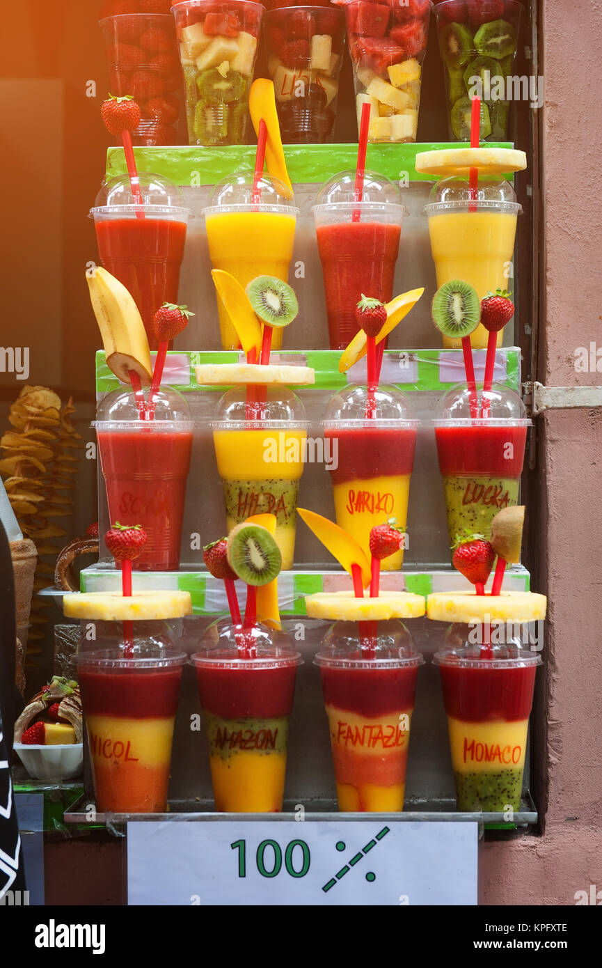 Refreshing fruit smoothies with fruit for a quick street food in the ...