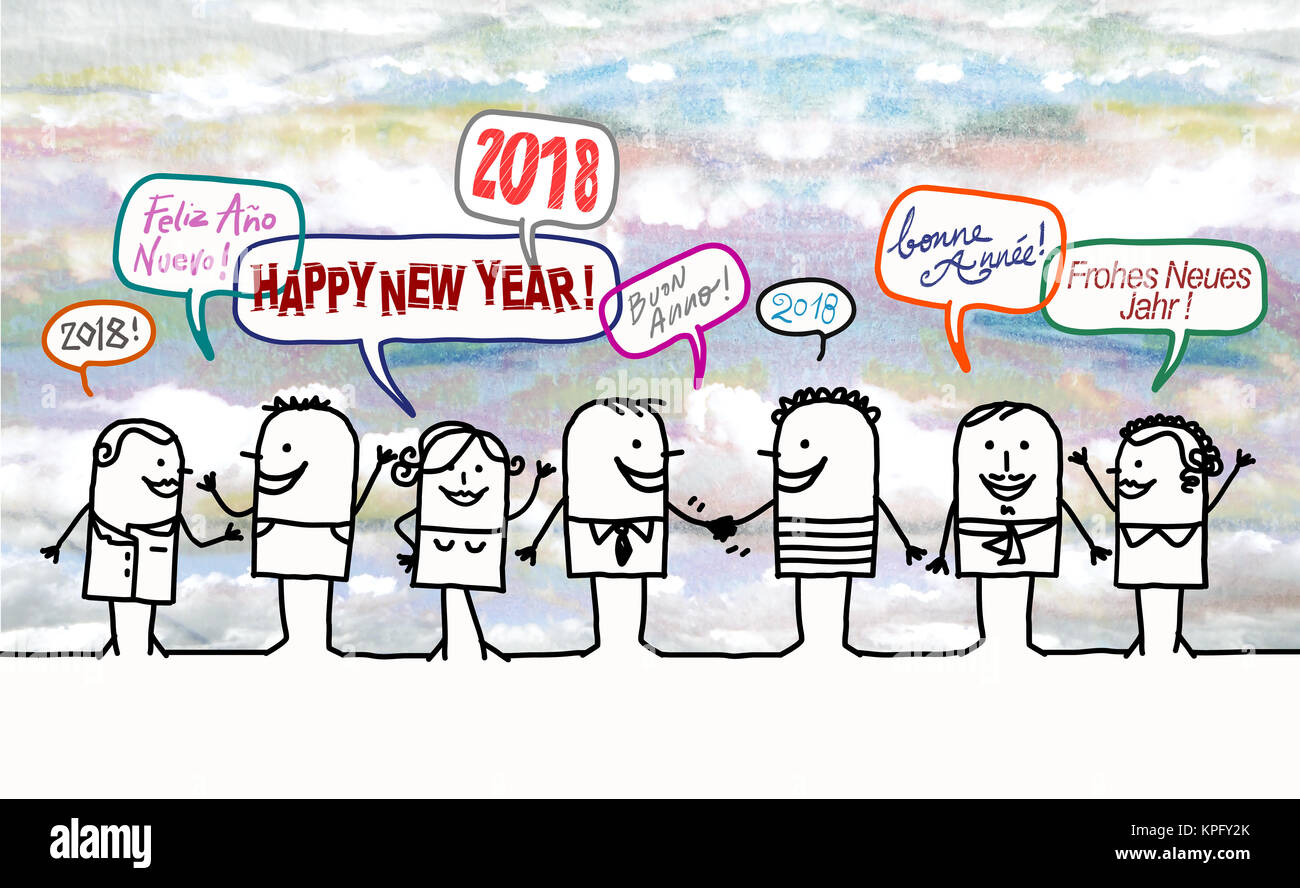 Happy Cartoon People and New Year 2018 Stock Photo - Alamy