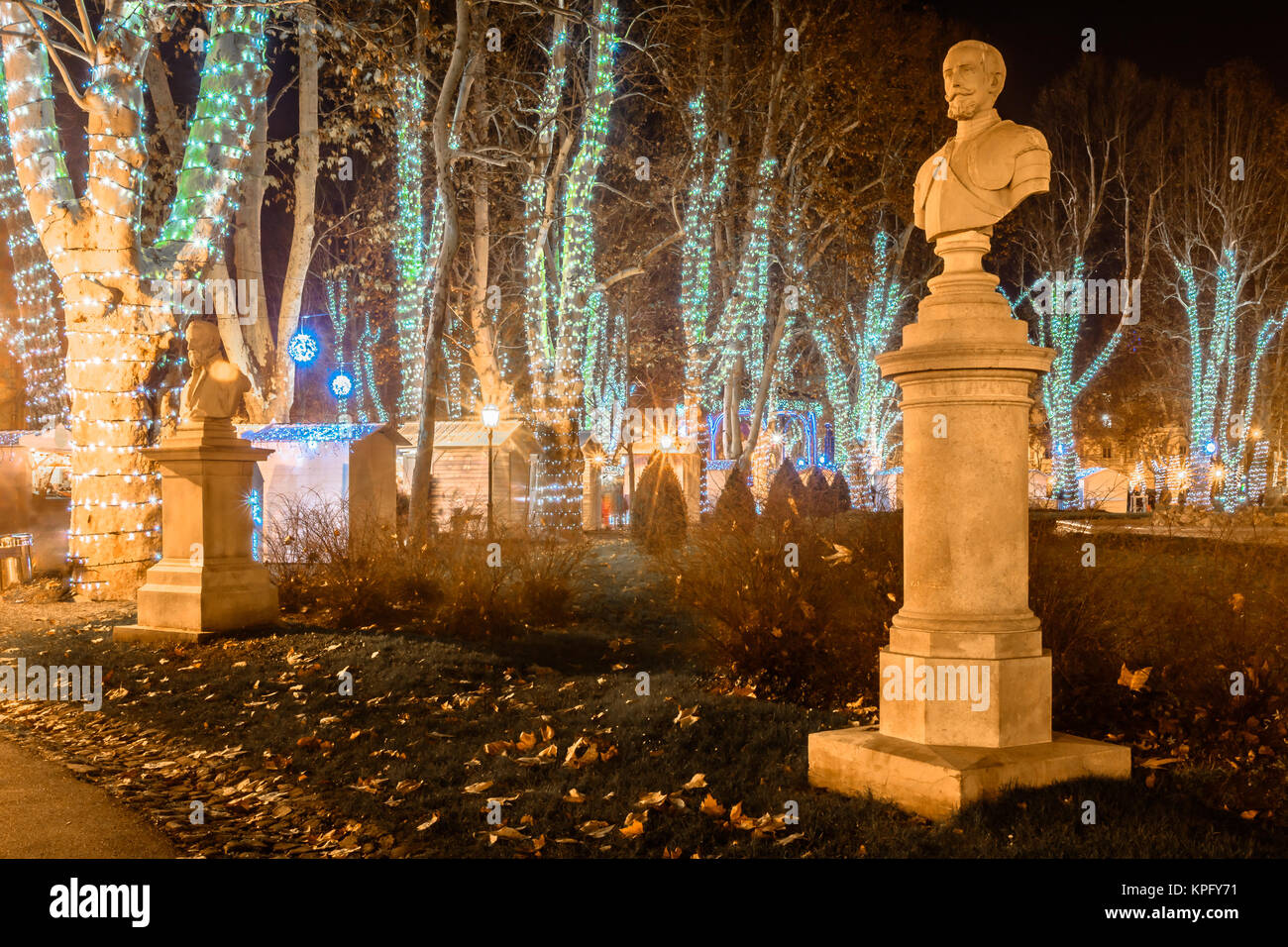Night view at advent time in Zagreb city, Zrinjevac public park scenery ...