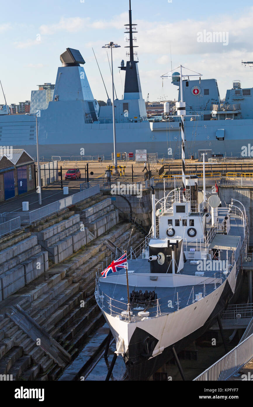 HMS Monitor M33 ship in dry dock at Portsmouth Historic Dockyard ...