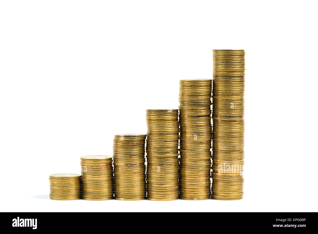 Increasing columns of coins, step of stacks coin isolated on white ...