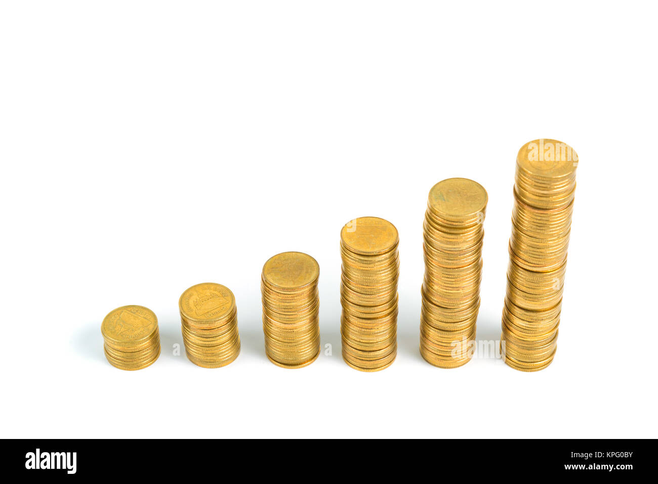 Increasing columns of coins, step of stacks coin isolated on white ...