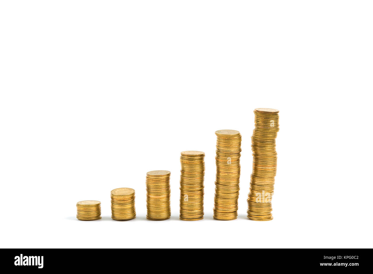 Unstable risky stack of coin on white background for money and ...