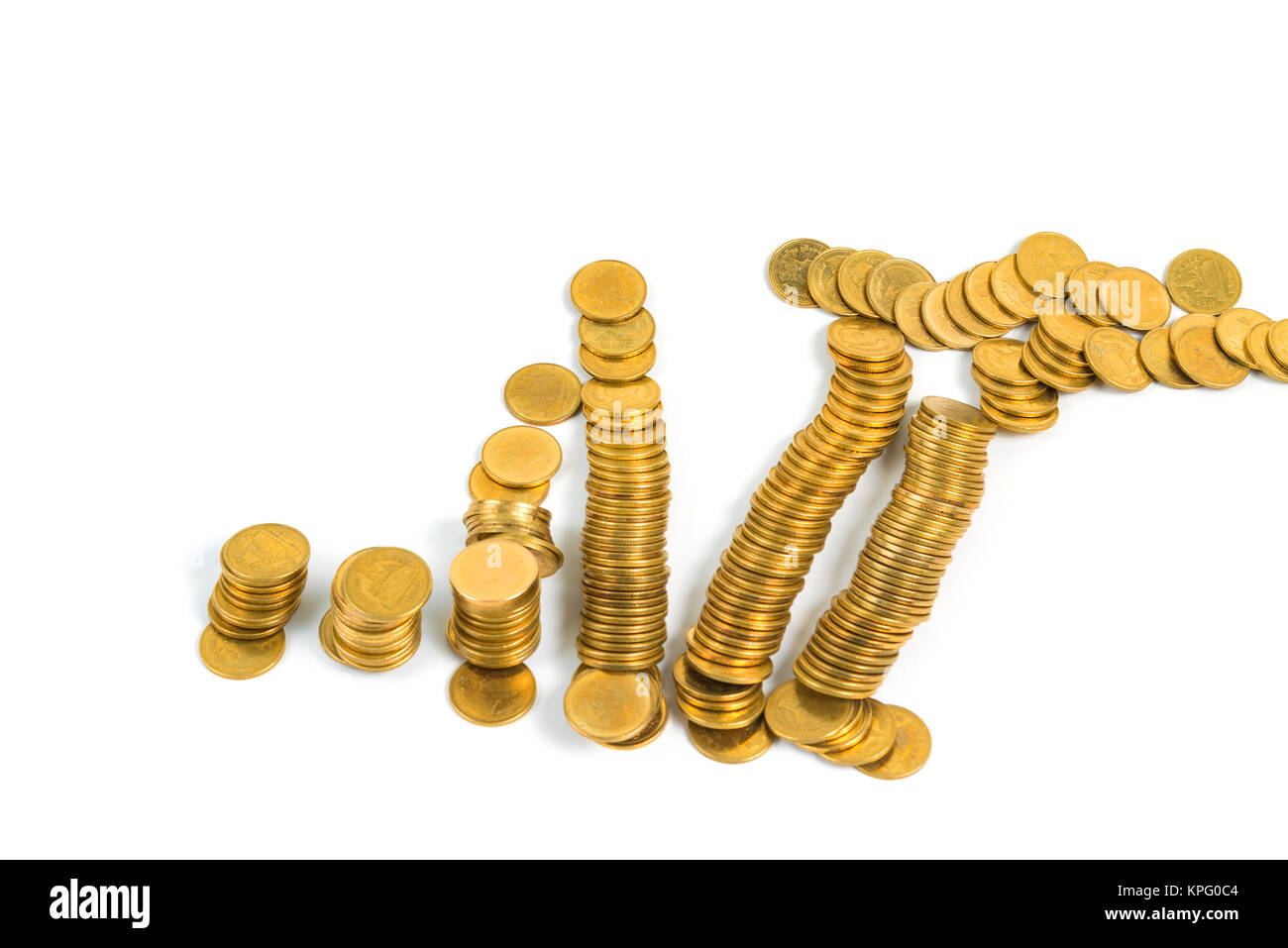 Unstable risky stack of coin on white background for money and ...