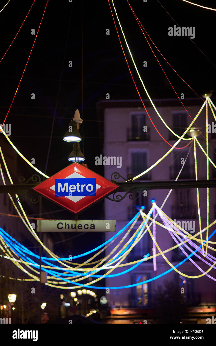 Madrid, Spain - December 12, 2017. Chueca metro station signboard in ...