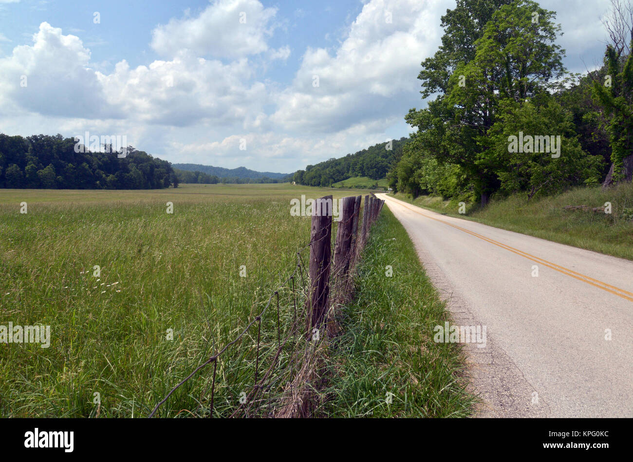 Rural landscape with a fence, pasture and dirt road. Location is North ...