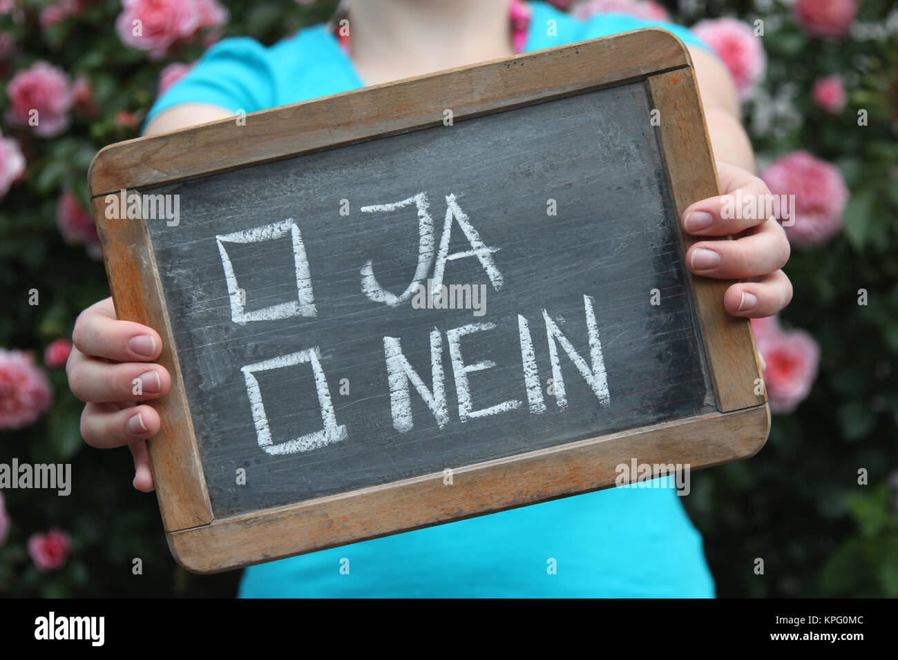 JA/ NEIN (yes/ no in German) written with chalk on slate shown by young ...