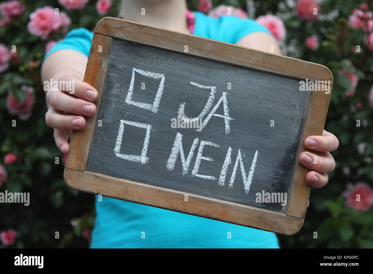 JA/ NEIN (yes/ no in German) written with chalk on slate shown by young ...