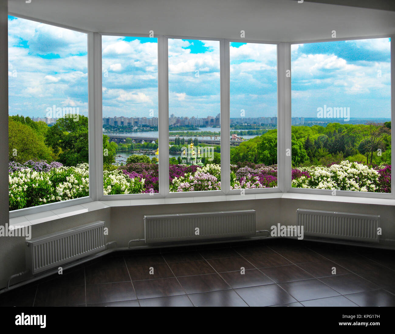 plastic window with view of Kyiv in spring Stock Photo - Alamy