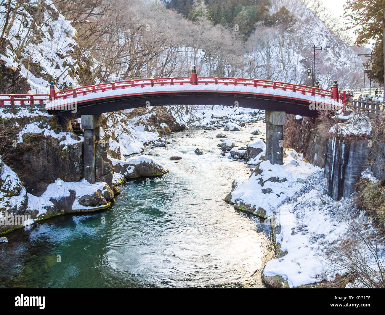 Shinkyo bridge covered by snow, a landmark in Nikko, Japan Stock Photo - Alamy
