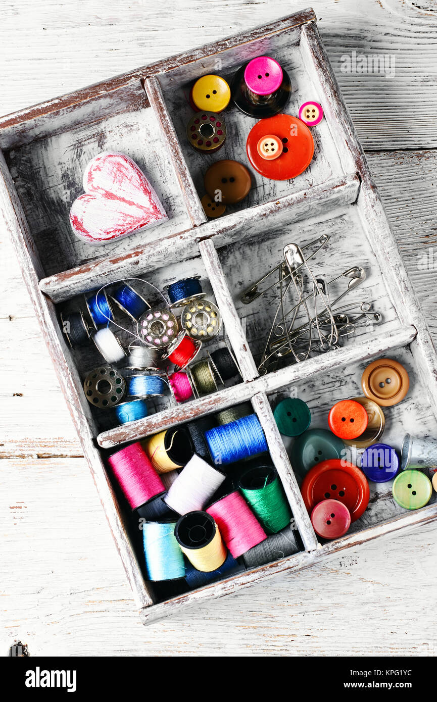 Threads and a set of buttons and bobbin on a bright light background ...