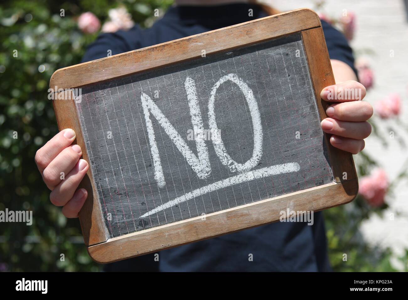 NO written with chalk on slate shown by young female Stock Photo - Alamy