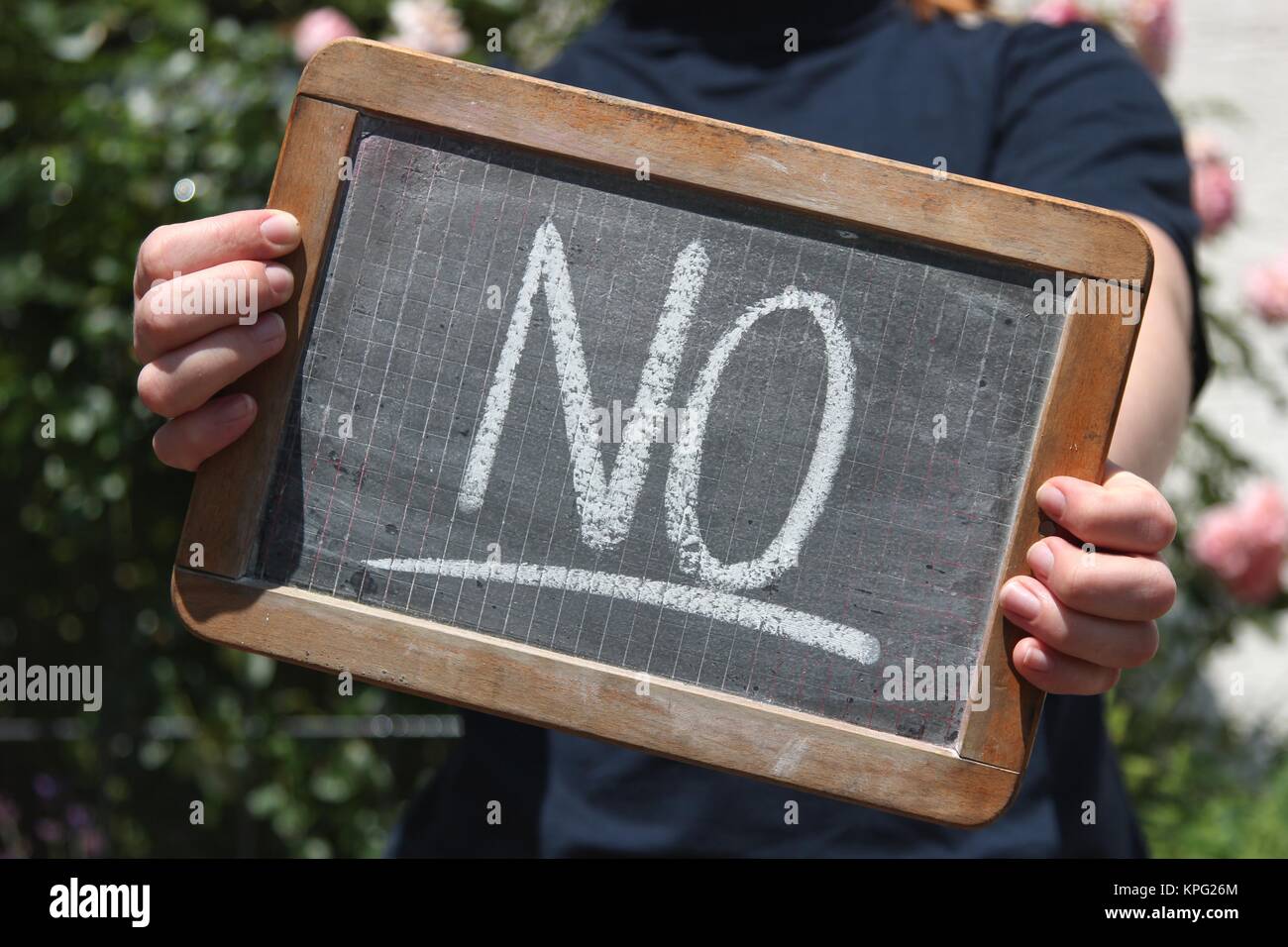 NO written with chalk on slate shown by young female Stock Photo - Alamy