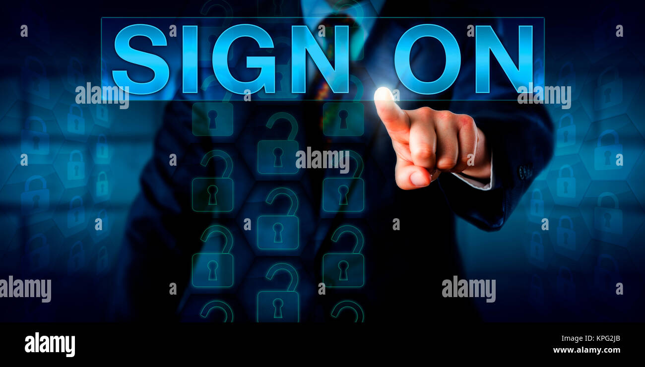 IT Administrator Pressing SIGN ON Onscreen Stock Photo - Alamy