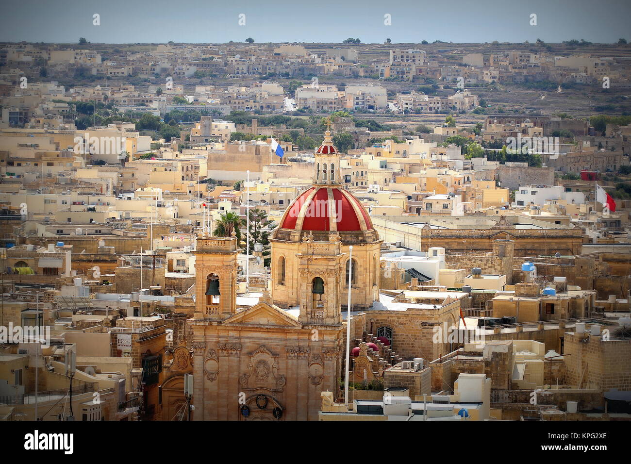 View over the city of Victoria or Rabat at Gozo, the neighboring island ...