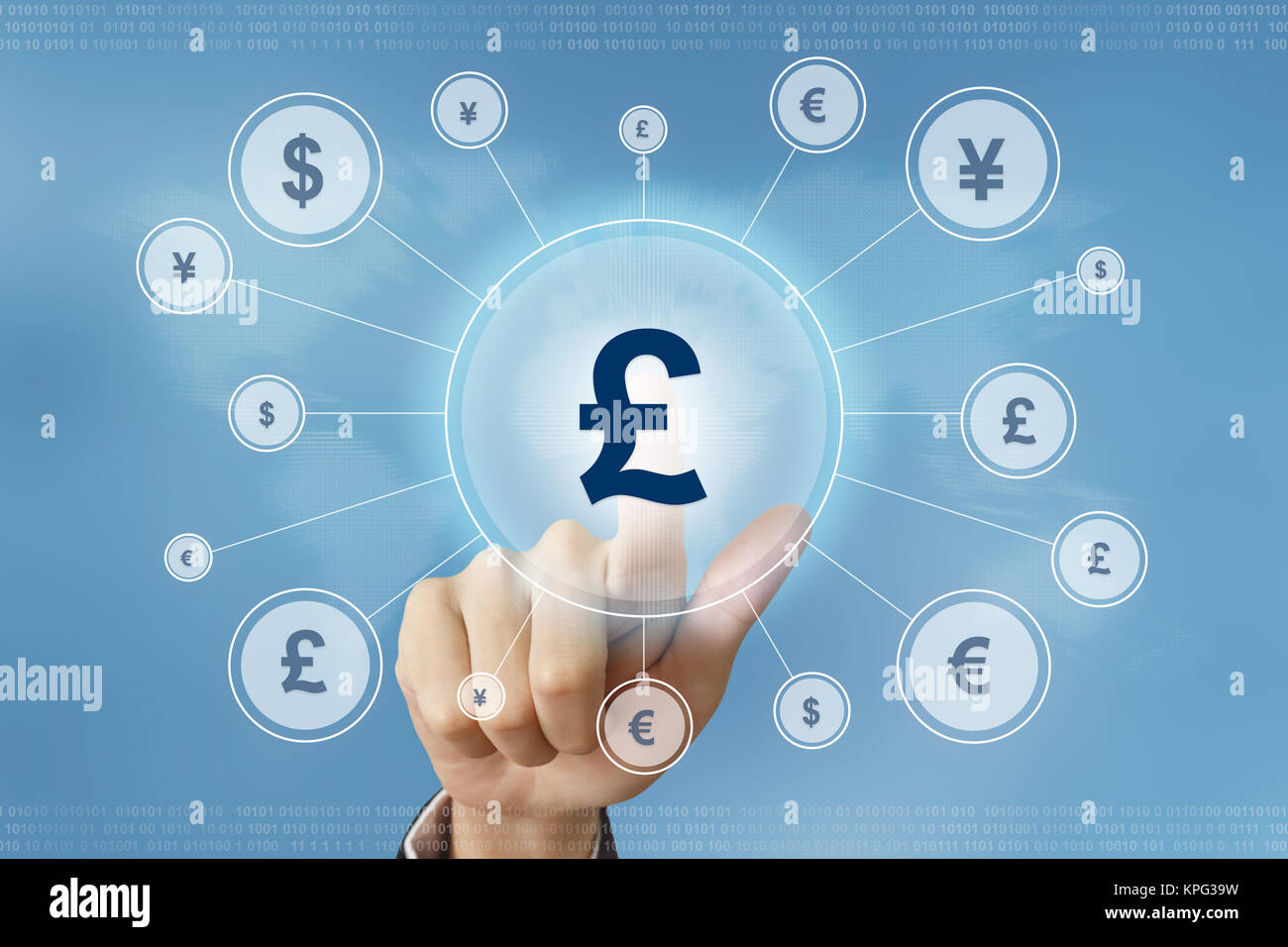 business hand press british pound currency button Stock Photo - Alamy