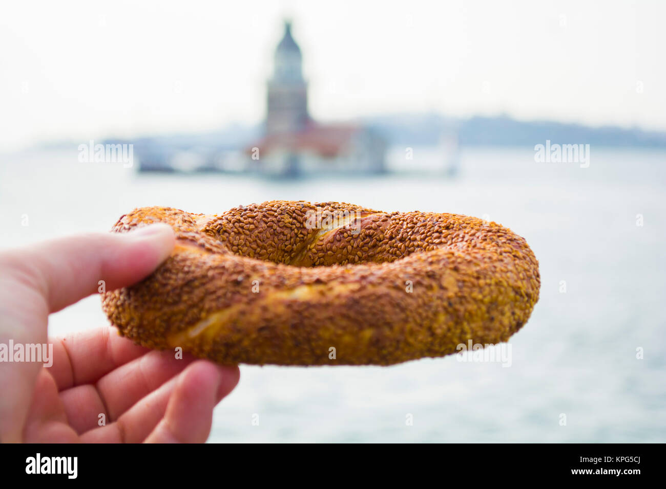 turkish bagel simit and maidens tower in istanbul turkey Stock Photo ...