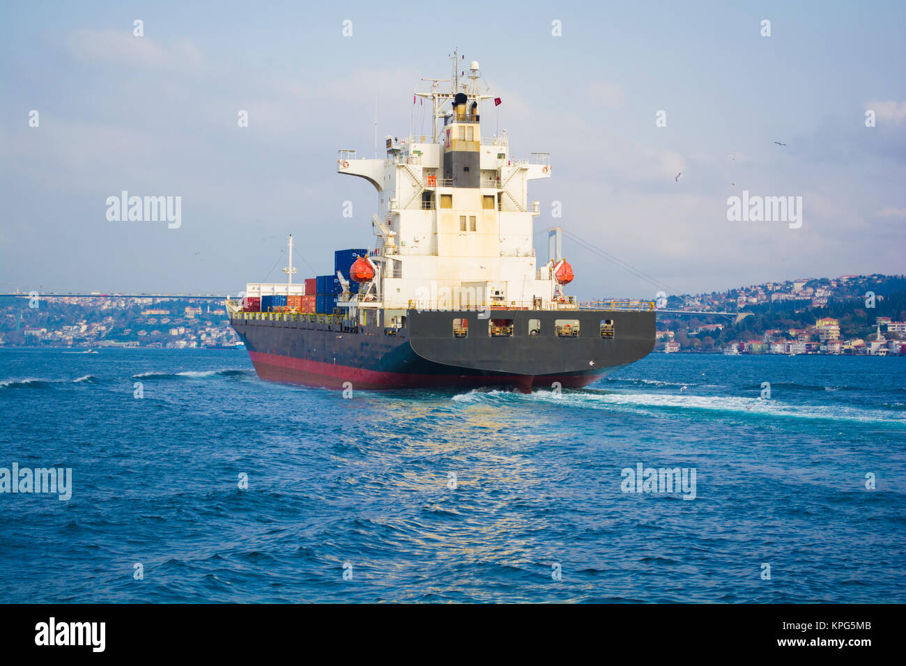 stern of a large tanker cargo ship on route to bosporus strait in black ...