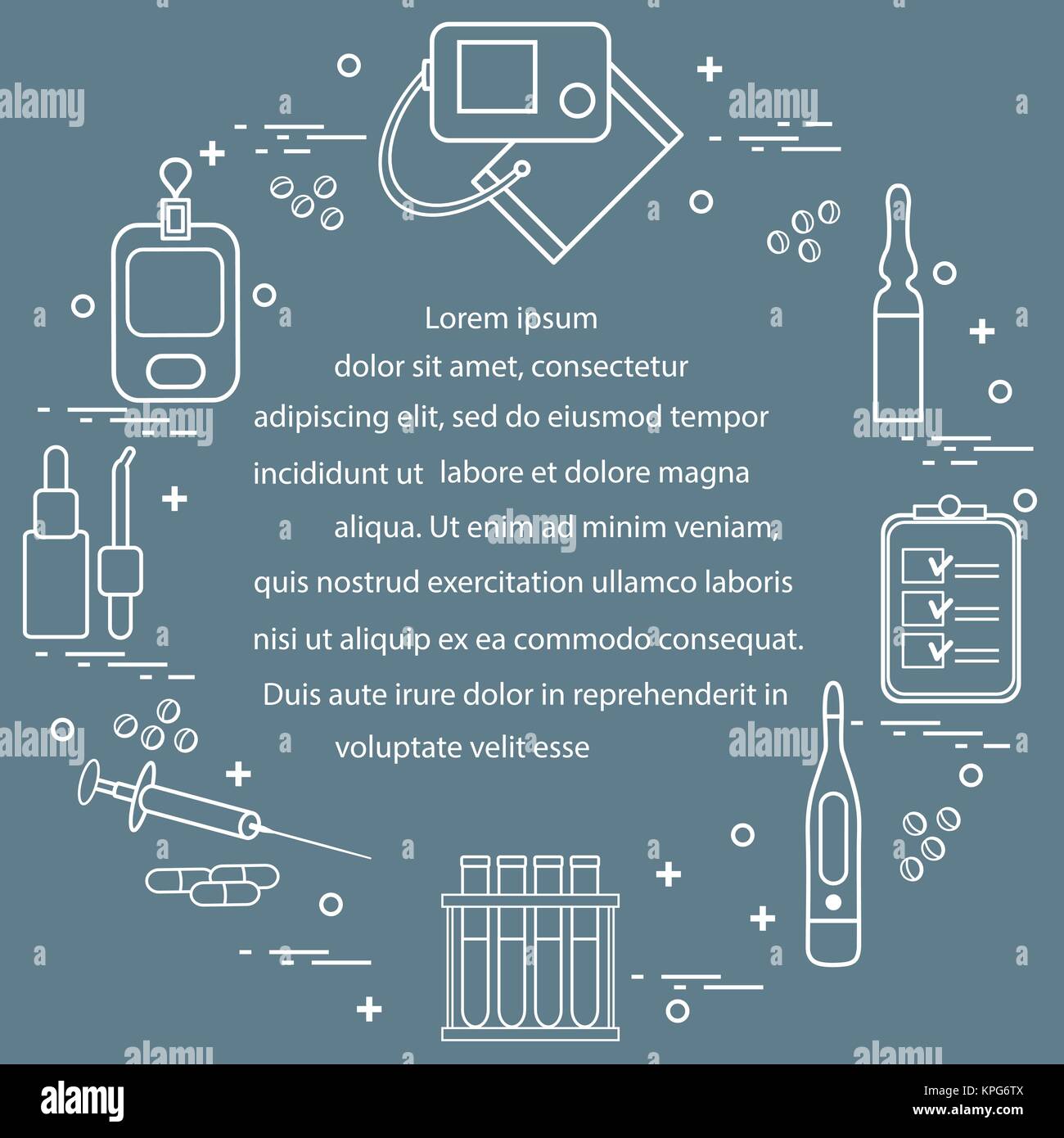 Medical devices, tools and drugs arranged in a circle. Health and ...